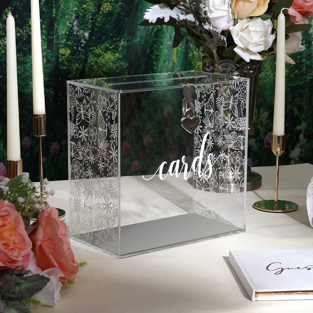 Clear Acrylic Card Box w/Lock, Thick Silver Wedding Box w/Slot White F ...