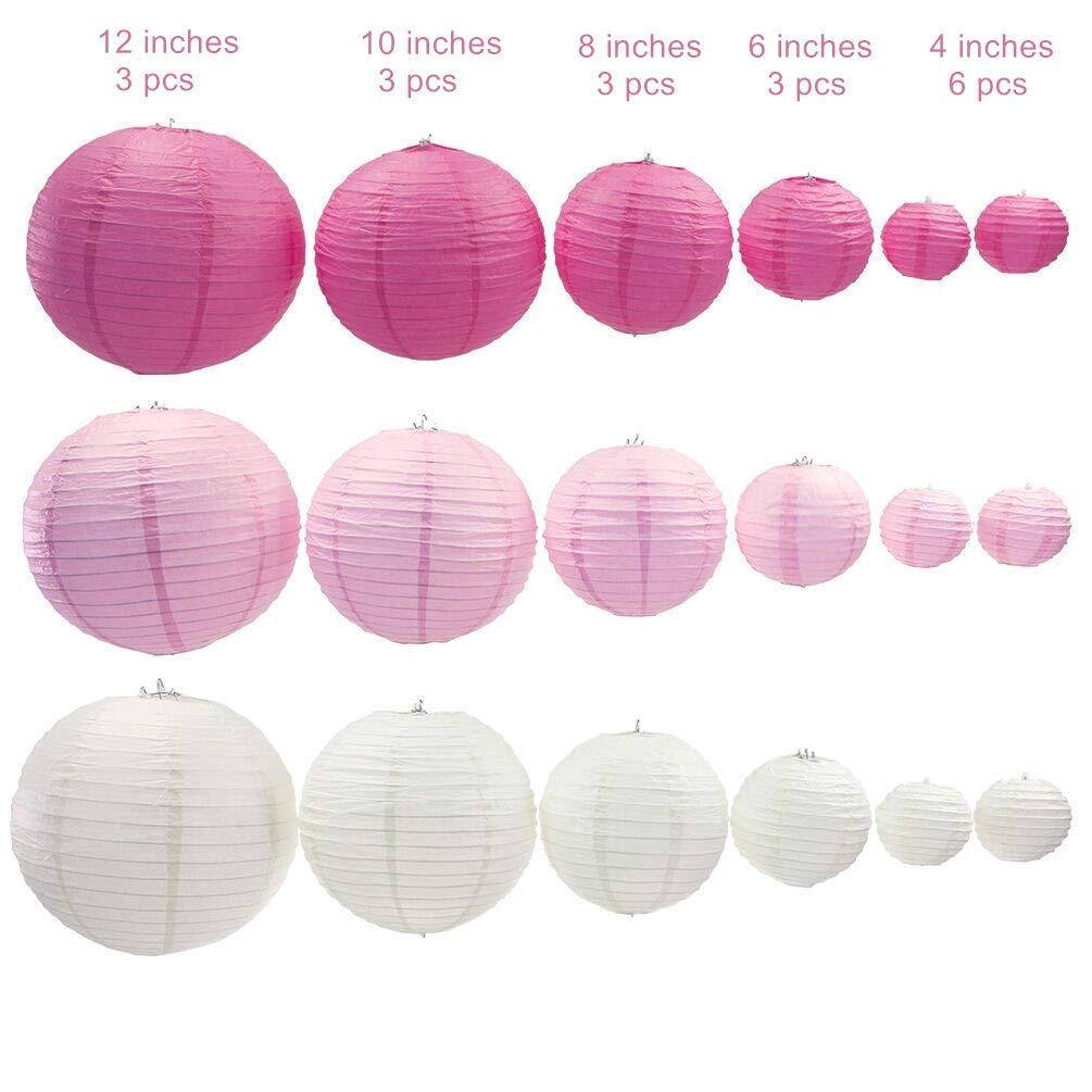 UNIQOOO 18Pcs Premium Assorted Size/Color Pink Paper Lantern Set, Reus